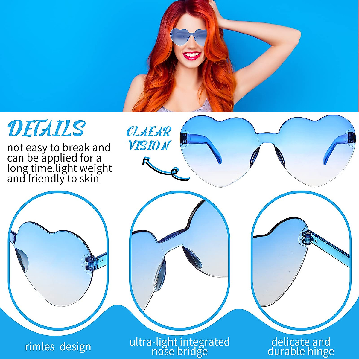 Yexiya 16 Pairs Heart Shape Rimless Valentines Sunglasses Transparent Love Fun Sunglasses Party Accessories for Women, Candy Color (Blue White Gradient)