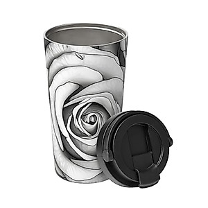 GTKSYNVE Reusable Coffee Mug with Lid and Handle, Black White Rose Tumbler for Hot & Cold Drinks 16oz Stainless Steel Insulated Coffee Tumblers Double Wall Vacuum Thermal Cup