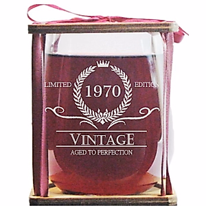 Vintage 1970 Limited Edition - Aged To Perfection Stemless Wine Glass and Presentation Packaging