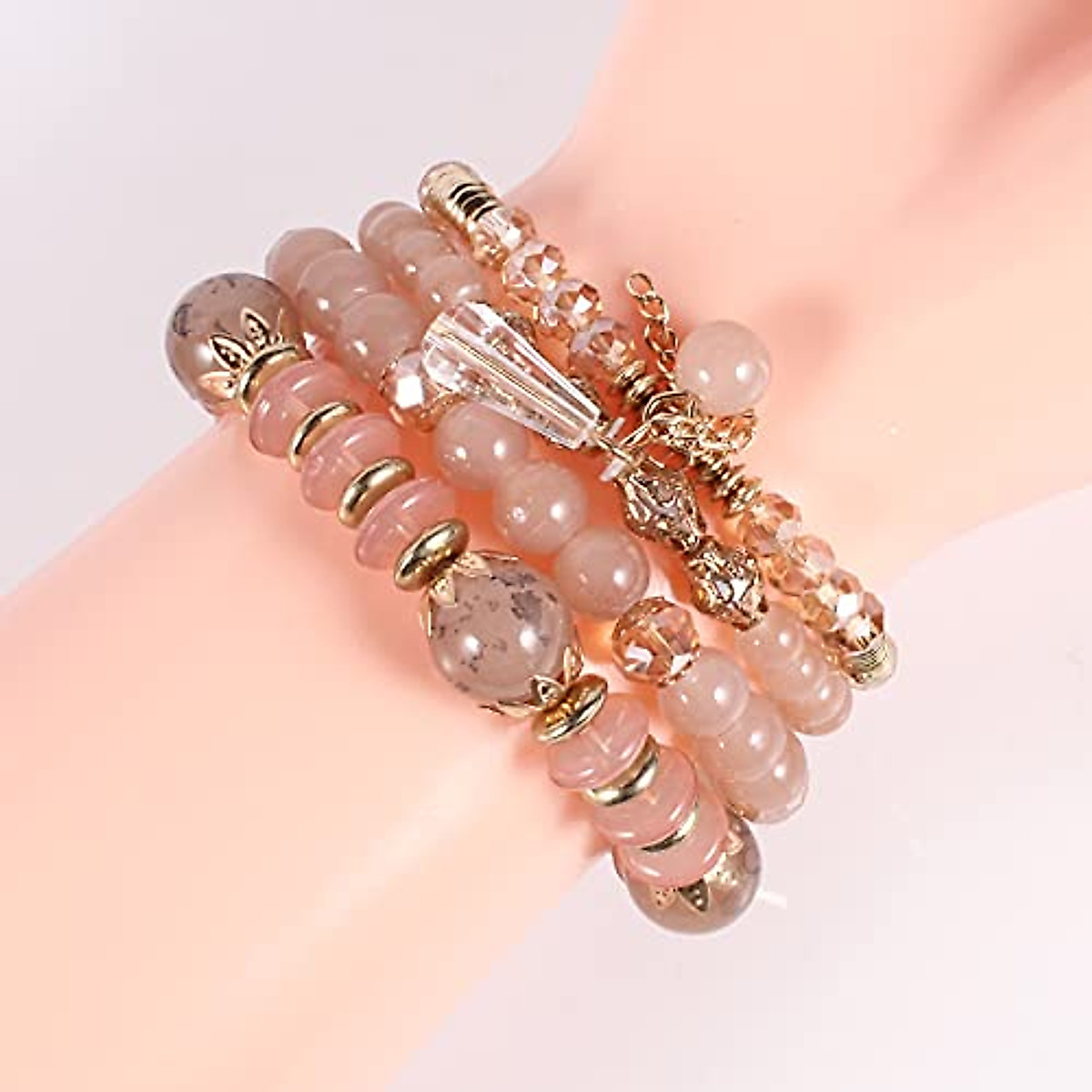 Solosoya Bohemian Stackable Bracelets Set for Women Multipack Multilayer Girls Elastic Rope Boho Colorful Stack Beads Bright Beaded Bracelets with Clear Vertebral Pendant Handmade Ladies Stretch Jewelry Accessories 6 Pack