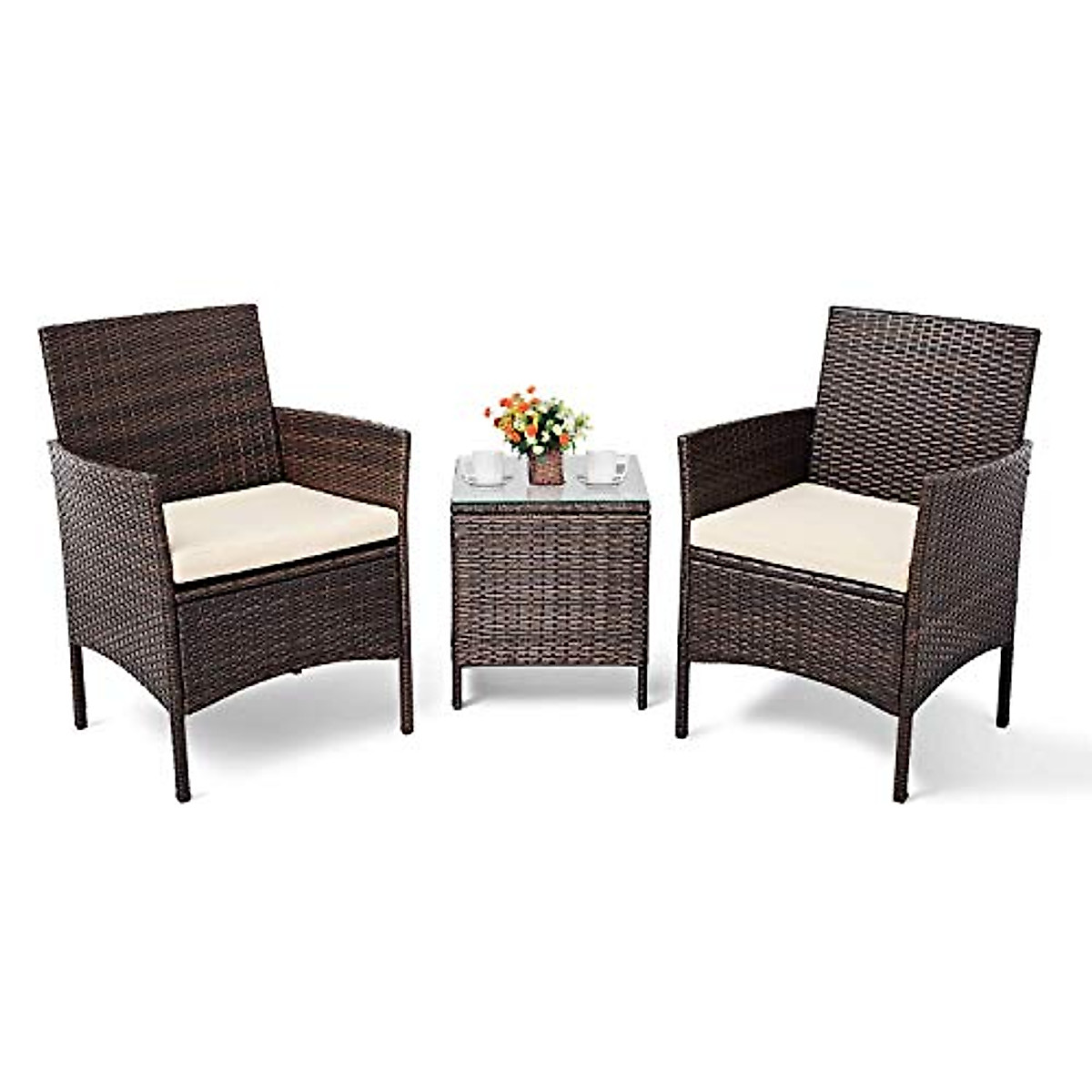 Cemeon 3-Piece Patio Bistro Set Outdoor Conversation Set, Brown Wicker Porch Chairs Set Garden Furniture with Coffee Table (Beige Cushion)