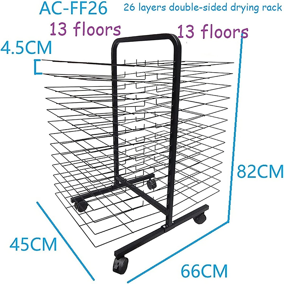 Drying & Print Racks，Back-to-Back 13-Shelf Mobile Drying Rack with 26 Wire Shelves for Mobile Classrooms Art Studios and Home Use