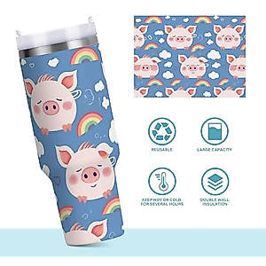 Wusikd Pig Face Tumbler Handle Lid and Straw Rainbow Clouds Water Bottle Stainless Steel Coffee Travel Tumbler Mug Cup Gifts for Men Women 30oz