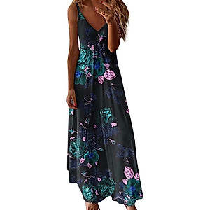 Midi Dresses for Women Wedding Guest Women Summer Casual Sexy Sleeveless V Neck Long Flower Print Dress Dark Blue