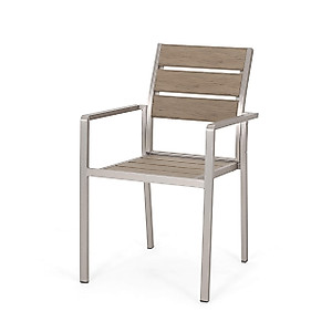 GDFStudio Outdoor Modern Aluminum Dining Chair with Faux Wood Seat (Set of 2), Natural and Silver