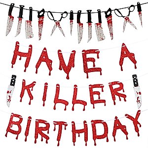 4 Pieces Halloween Vampire Party Decorations Supplies Have A Killer Birthday Banner Halloween Knife Hanging Banner for Halloween Horror Themed Birthday Decorations