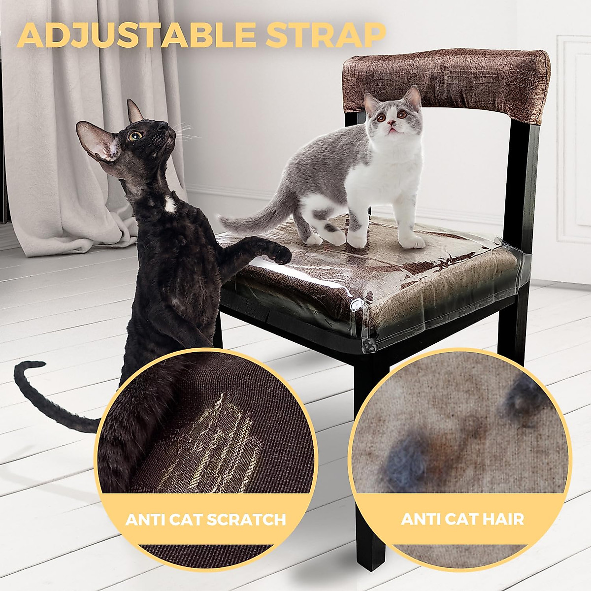 6 Pack Large Plastic Chair Covers Protectors for Dining Room, Clear Chair Seat Cover with Adjustable Belt Strap Fits 18”-22” Seats, Waterproof & Scratch Resistant Heavy Duty PVC Dining Chair Cover Set