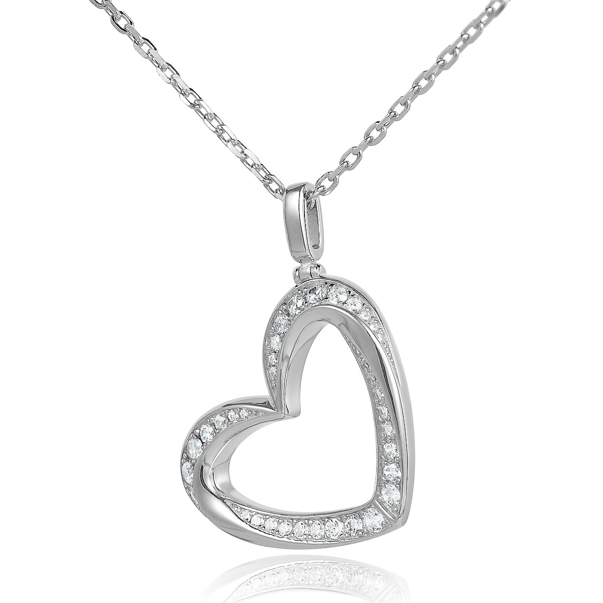 ILLUMIN Tender Tilted Heart Pendant Necklace for Women 925 Sterling Silver with Cubic Zirconia, Rhodium-Plated, 16-18 inch Adjustable Cable Chain