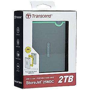 Transcend 2TB StoreJet 25M3C USB Type-C Portable Hard Drive (HDD) Rugged, Anti-shock resistant, Compact and Lightweight with Lightning-fast Speeds and a One Touch Backup Button (Iron Grey) TS2TSJ25M3C