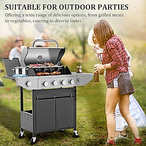 Unovivy 4-Burner Propane Gas BBQ Grill with Side Burner & Porcelain-Enameled Cast Iron Grates Built-in Thermometer, 47,000 BTU Outdoor Cooking, Patio, Garden Barbecue Grill, Black and Silver