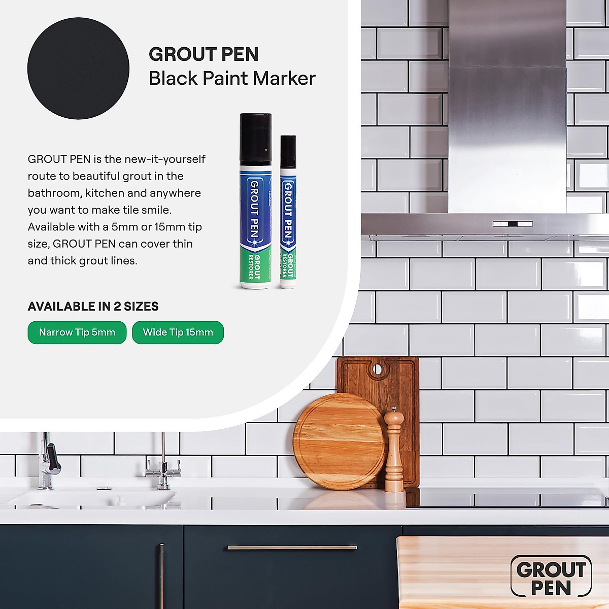 Grout Pen Black Tile Paint Marker: Waterproof Grout Paint, Tile Grout Colorant and Sealer Pen - Black, Narrow 5mm Tip (7mL)