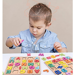 Wooden Toddler Puzzles 2 Packs Kids Educational Learning Toys Preschool Puzzles Letters Alphabet Number for 1 2 3 4 5 Year Old Boy Girl Toddler Children Gifts