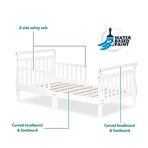 Dream On Me Classic Sleigh Toddler Bed in White, JPMA Certified, Comes with Safety Rails, Non-Toxic Finishes, Low to Floor Design, Wooden Nursery Furniture