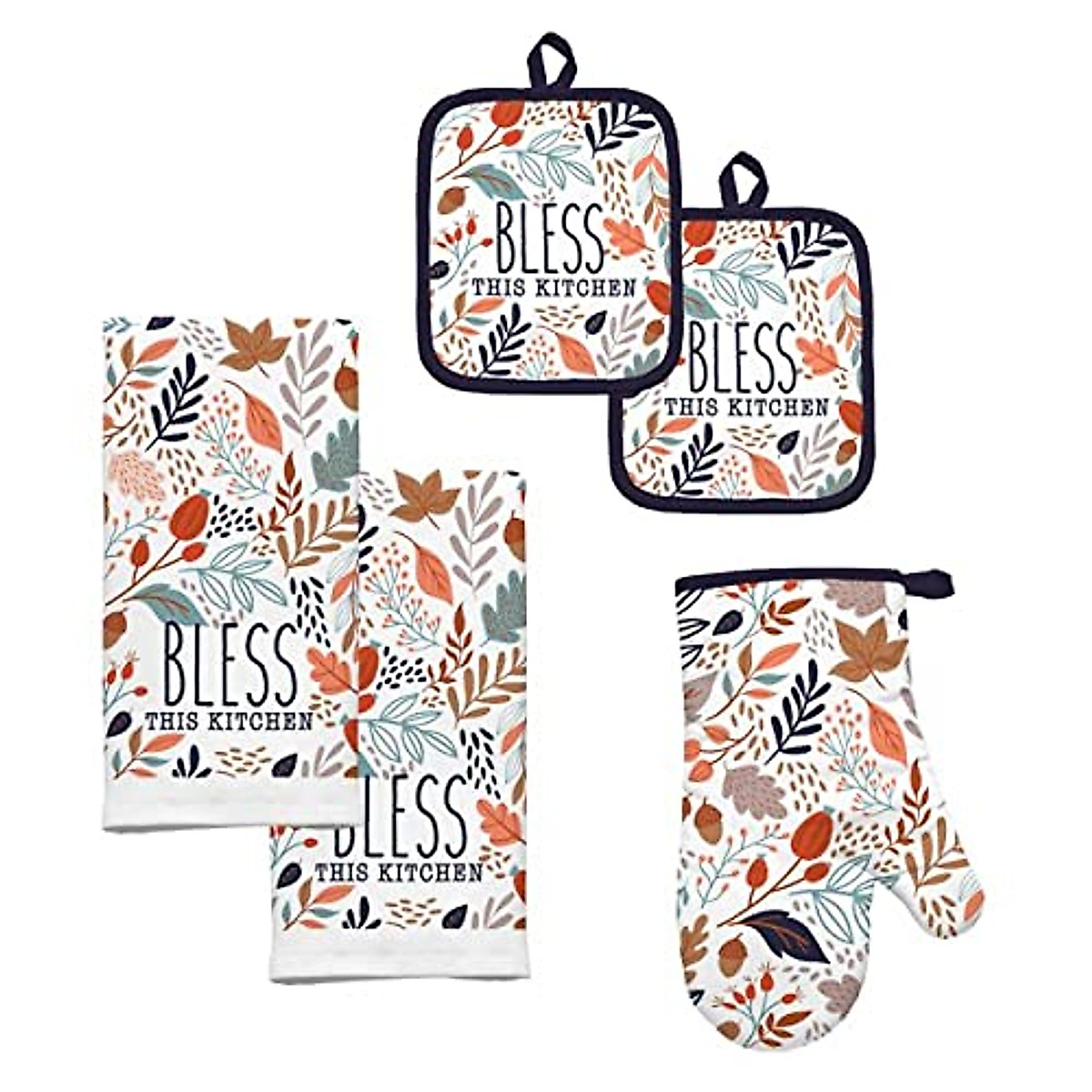 Mainstay 5 Piece Kitchen Set Includes 2 Kitchen Towels, 1 Pot Holders, 2 Oven Mitts (Bless This Kitchen)