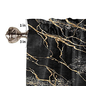 SIGOUYI Kitchen Curtains, Black White Gold Marble Valances for Windows, Bathroom Curtains Window 42x12in Short Curtains, Kitchen Window Curtains Over Sink, Rod Pocket Valance Curtains