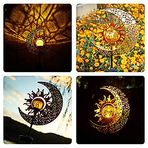 LICKLIP Garden Solar Lights Outdoor Decorative, Sun & Moon Crackle Glass Globe Metal Stake Light, Waterproof Warm White LED Light, Decorations for Pathway Lawn Patio Courtyard Backyard (1 Pack)