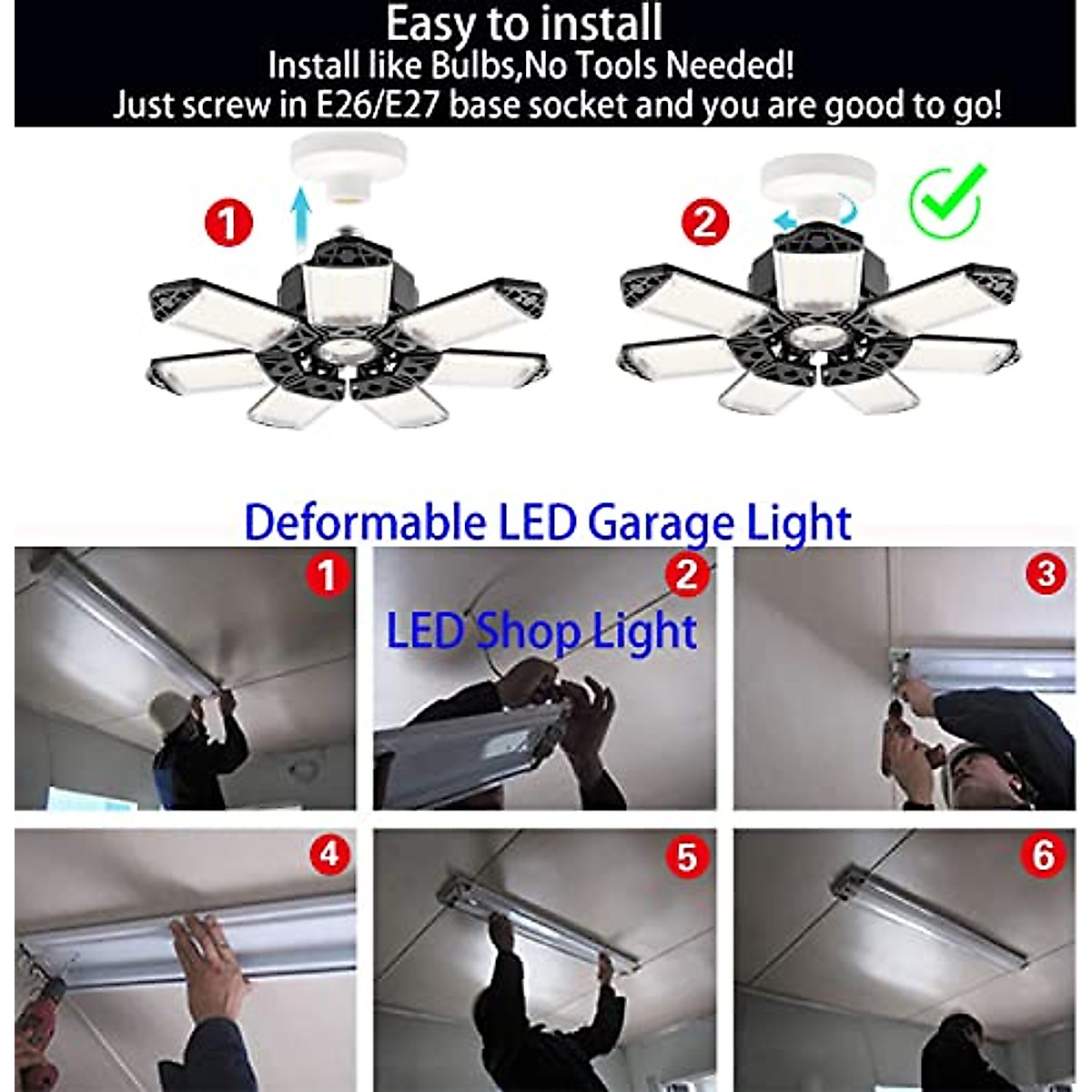 HFengQ 2-Pack LED Garage Lights, 200W Garage Light with 7+1 Multi-Position Panels,20000LM 6500K Deformable LED Ceiling Shop Lights for Garage, Workshop, Basement,Warehouse