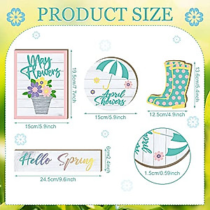 4 Pcs Hello Spring Home Wood Sign April Showers May Flowers Table Decor Signs Rain Shoes Umbrella Farmhouse Kitchen Table Decor Decorative Wooden Signs for Home Decor Spring Party Decorations