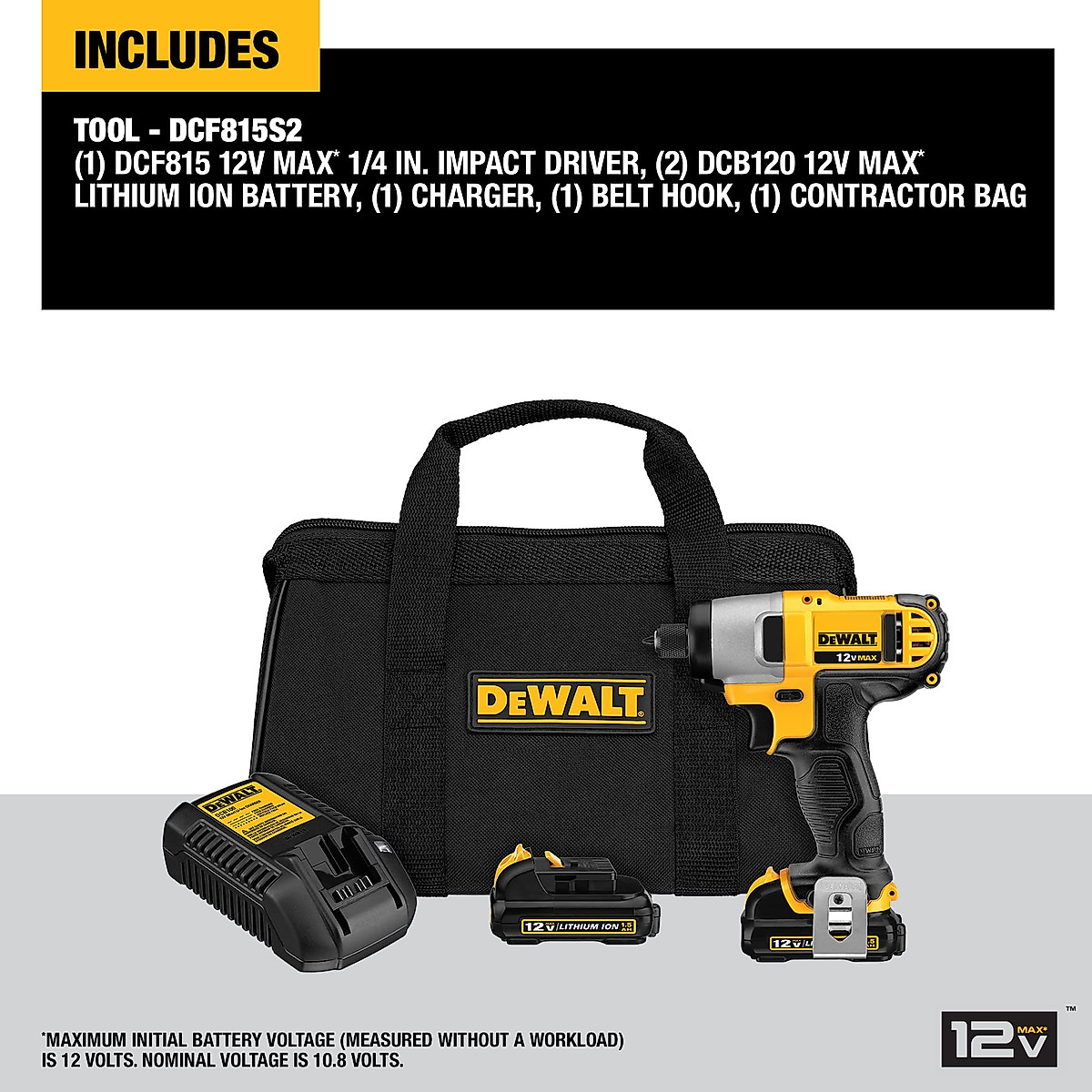 DEWALT 12V MAX Impact Driver, 1/4-Inch, with Battery and Charger Included (DCF815S2)
