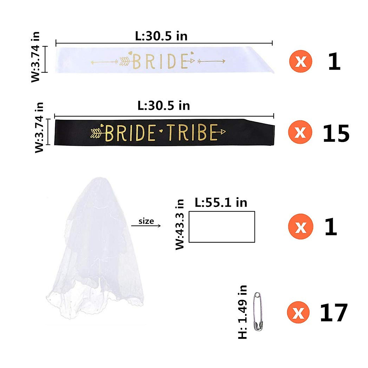 Bride Tribe Bachelorette Party Sash Set: 1 Bride To Be Sash, 15 Bride Tribe(Maid Of Honor Sash), 1 Cascading Veil, 17 Pcs Wedding Decorations Kit For Bridal Shower, Engagement Party Favors & Supplies