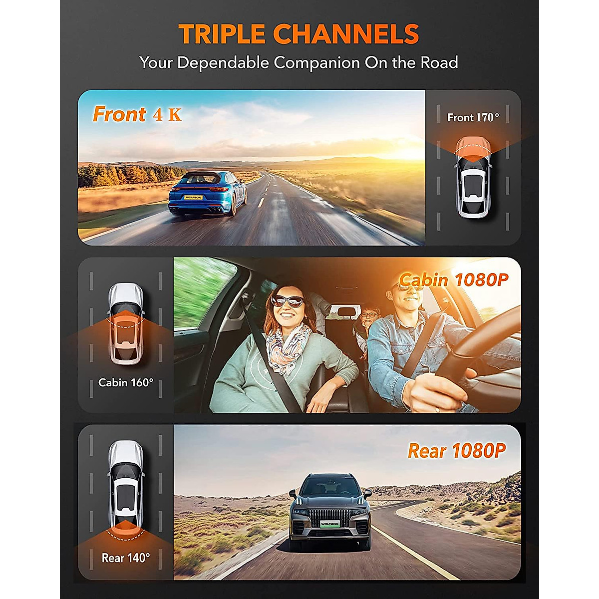 Dash Camera for Cars, 3 Channel 4K Dash Cam Front and Rear Inside,1080P Full HD 170 Deg Wide Angle Dashboard Camera with 64GB Card, IPS Screen,Built in IR Night Vision,G-Sensor,Loop Recording