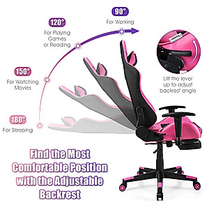 Giantex Massage Gaming Chair Pink, Ergonomic Video Game Chair with Footrest, High Back E-Sport Computer Chair with Headrest & Massager Lumbar Support, PU Leather Gaming Seat
