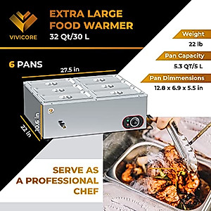 VIVICORE 6 Pan Commercial Food Warmer, 1200W Electric Steam Table, 32 Quart Capacity Professional Stainless Steel Buffet Bain Marie for Restaurants, Catering, Cafeterias, Home Parties, Hotels…