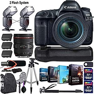 Canon EOS 5D Mark IV DSLR Camera and Canon EF 24-70mm f/4L is USM Lens + 2 Flash System with Deluxe Accessory Kit (4-Pack Photo/Video Editing Software, Pro Microphone w/Windshield and More) (Renewed)