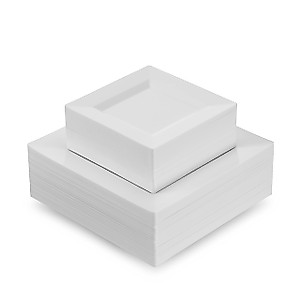 60 White Plastic Plates Set, 30 Pc 10.25 Inch Plastic Dinner Plates, and 30 Pc 7.5 Inch Plastic Dessert Plates, Fancy Disposable Plates, Heavy Duty Party Plates, Elegant Wedding Plates, Square Plates