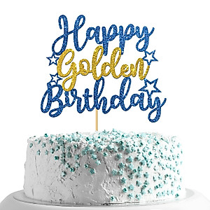 MonMon & Craft Happy Golden Birthday Cake Topper/Happy 1st 20th 30th 40th 50th Birthday Cake Decor/Golden Birthday Party Decorations - Blue & Gold Glitter