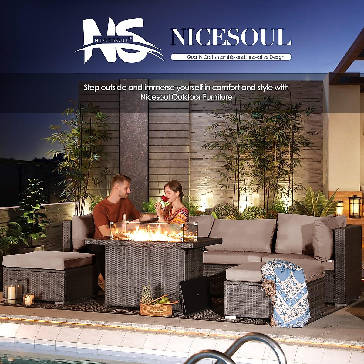 NICESOUL 10 Piece Modern Outdoor Patio Furniture Set with Firepit Natural Gas Propane Convertible, 29.3'' High Back Extra Large Size Wicker Conversation, Deep Wide Comfortable Couch for Outside, Grey