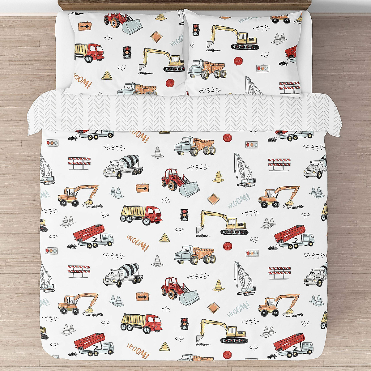 Sweet Jojo Designs Construction Truck Boy Full/Queen Size Kid Childrens Bedding Comforter Set - 3 Pieces - Grey Yellow Orange Red and Blue Transportation Chevron Arrow