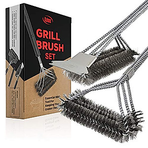 Kaluns Grill Brush for Outdoor Grill 2 Pack, BBQ Grill Brush for Grill Cleaning, Grill Scraper Set Includes Two Brush Heads and one Removable 18" Long Handle, Stainless Steel Durable Wire Bristles