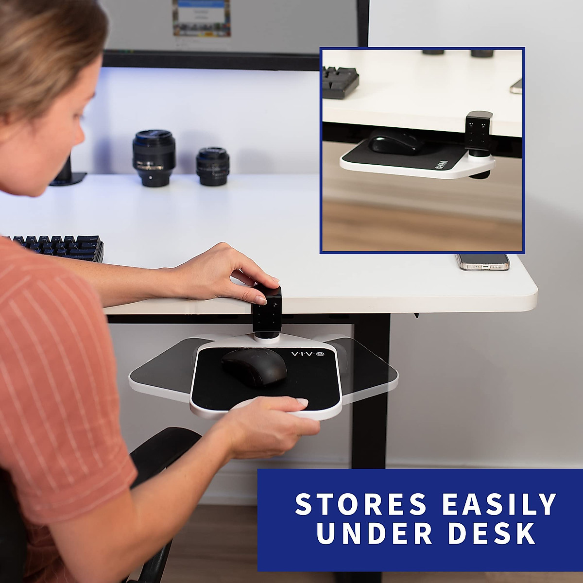 VIVO Clamp-on Mouse Pad Holder Platform, Adjustable Under Desk 360° Rotating Tray Rest Extension Attachment, up to 2 inch Desktops, White, MOUNT-MS01AW