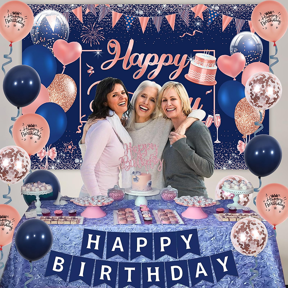 Navy Rose Gold Birthday Decorations Set for Women Girl Happy Birthday Decoration Banner Backdrop Balloon Cake Topper for 16th 18th 21st 50th 60th Birthday Party Supplies