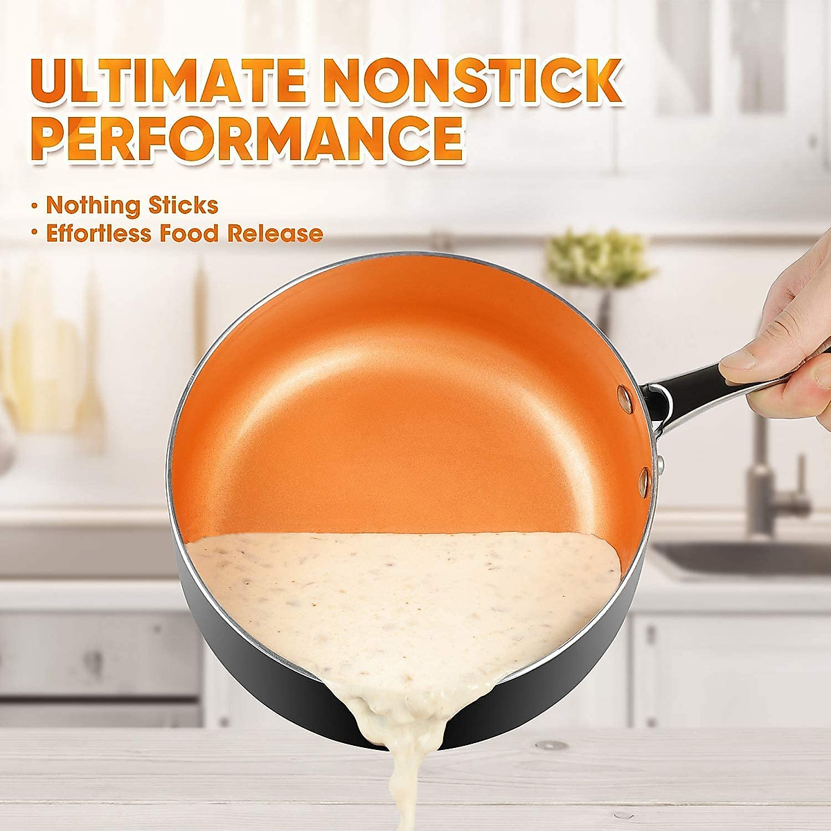 MICHELANGELO 8 Inch Frying Pan + 1 Quart Saucepan with Lid, Ceramic Nonstick Pan Set with Lid, Small Nonstick Coppper Pan Set with Lid and Copper Pot and Pan