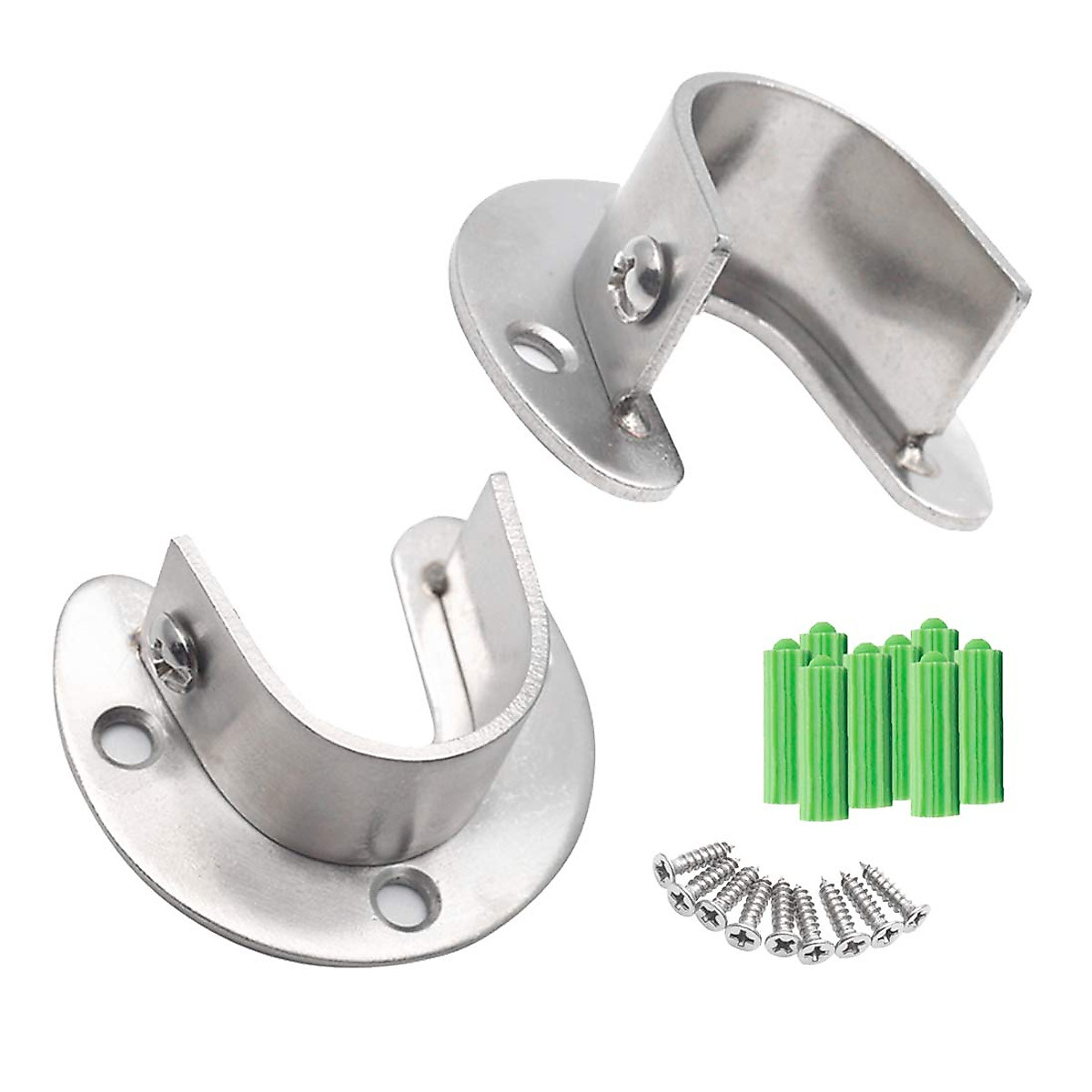Seimneire 2pcs Heavy Duty Stainless Steel Rod Socket, Wardrobe Bracket Flange Rod Holder Closet Rod End Supports Fit 1" Diameter, U Shaped - Silver