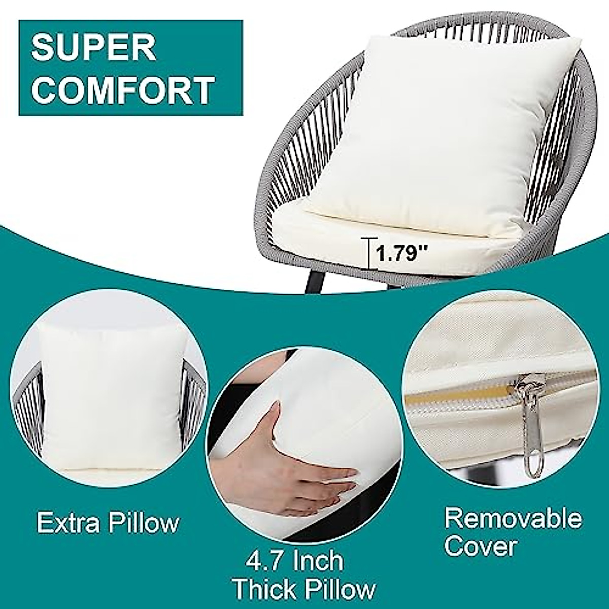 BETTAHOME 3 Piece Bistro Set, Patio Furniture Set with Cushion and Pillow, Outdoor Balcony Woven Chairs and Table, Grey and Black