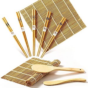 Delamu Sushi Making Kit, Bamboo Sushi Mat, Including 2 Sushi Rolling Mats, 5 Pairs of Chopsticks, 1 Paddle, 1 Spreader, 1 Beginner Guide PDF, Roll On, Beginner Sushi Kit