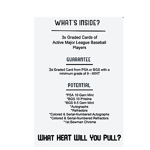 Three Graded Baseball Cards Gift Box: MLB Edition │Three Premium PSA/BGS Graded 10, 9.5 or 9 Cards │Potential Rookie Autographs & Numbered RC Refractors│Gift for Baseball Fans│by Slabs of Heat