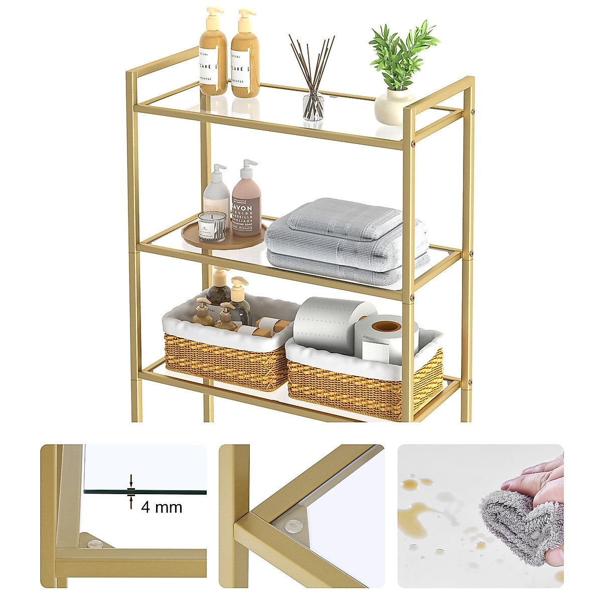 Homhedy Over The Toilet Storage, Metal 3-Tier Over-The-Toilet Bathroom Organizer Rack, Tempered Glass Shelves, Space-Saving, for Bathroom, Restroom, Laundry, Modern Style, Golden
