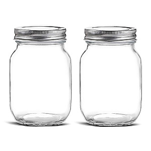 Glass Regular Mouth Mason Jars, 16 oz Clear Glass Jars with Silver Metal Lids for Sealing, Canning Jars for Food Storage, Overnight Oats, Dry Food, Snacks, Candies, DIY Projects (2 PACK)