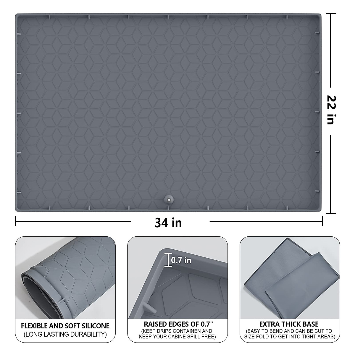 BAIHUI Under Sink Kitchen Cabinet Mat- 34" x 22" Flexible Waterproof Silicone Cabinet Protector & Drip Tray Liner Unique Drain Hole Design- Hold up to 3 Gallons of Liquid