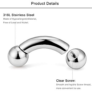 Lcolyoli PA Rings 316L Surgical Steel Internally Threaded Bent Curved Barbell for Women Men CR 8G Silver-tone and Black 12mm 1/2Inch Screw Balls