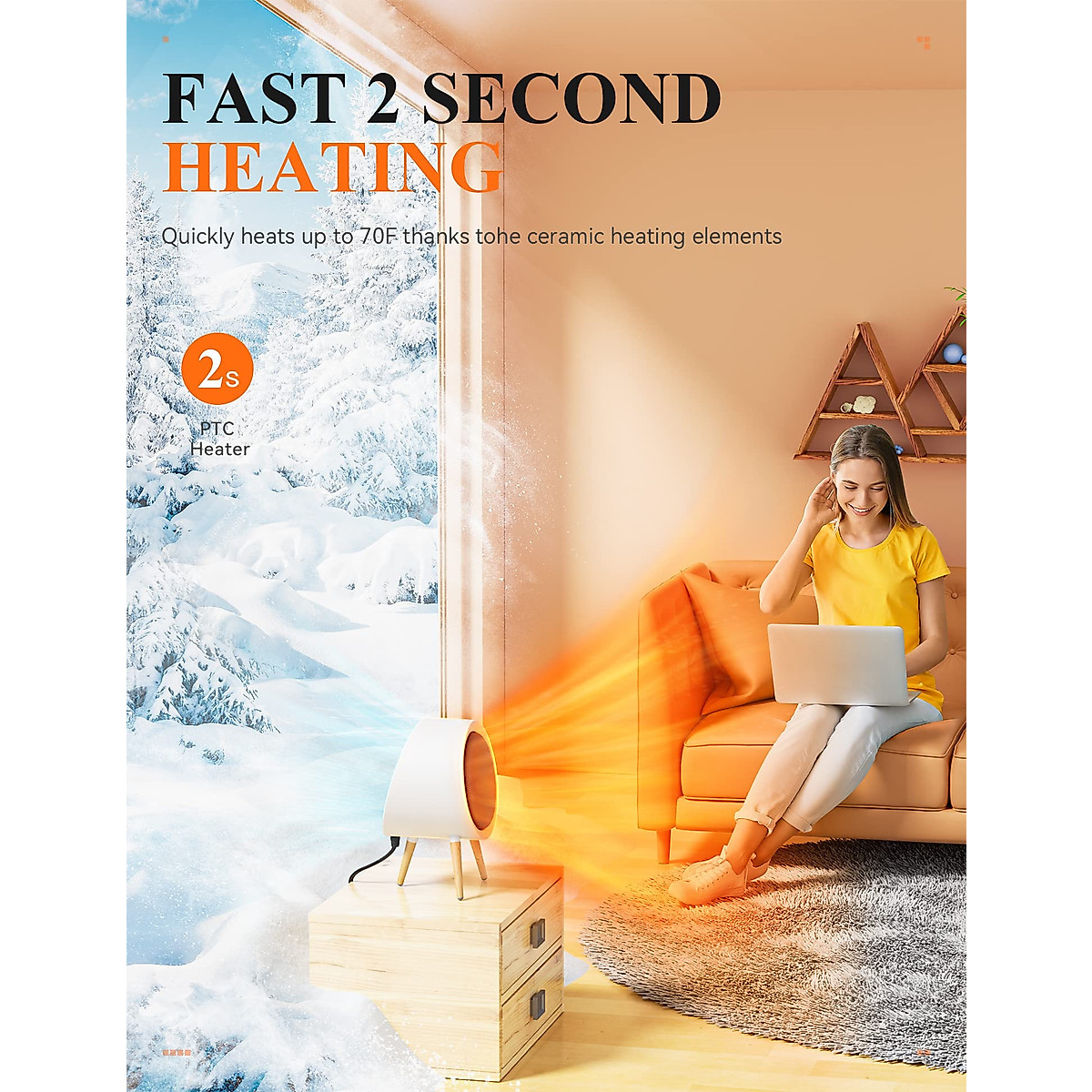 GAIATOP Space Heater, 1000W Energy Efficient Space Heater for Indoor Use, 3 Mode PTC Fast Heating Ceramic Electric Heater, Overheating & 45°Tip-Over Protection Portable Heater for Office Home White