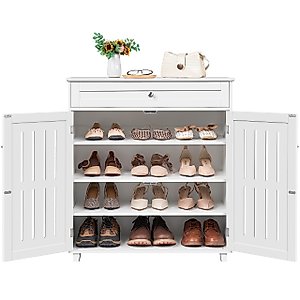 Yaheetech Shoe Cabinet, 4-Tier Shoe Storage Cabinet with Drawer & Adjustable Shelves, Wooden Shoe Rack Organizer with Louvered Doors for Entryway, Hallway, Bedroom, Closet, Living Room, White