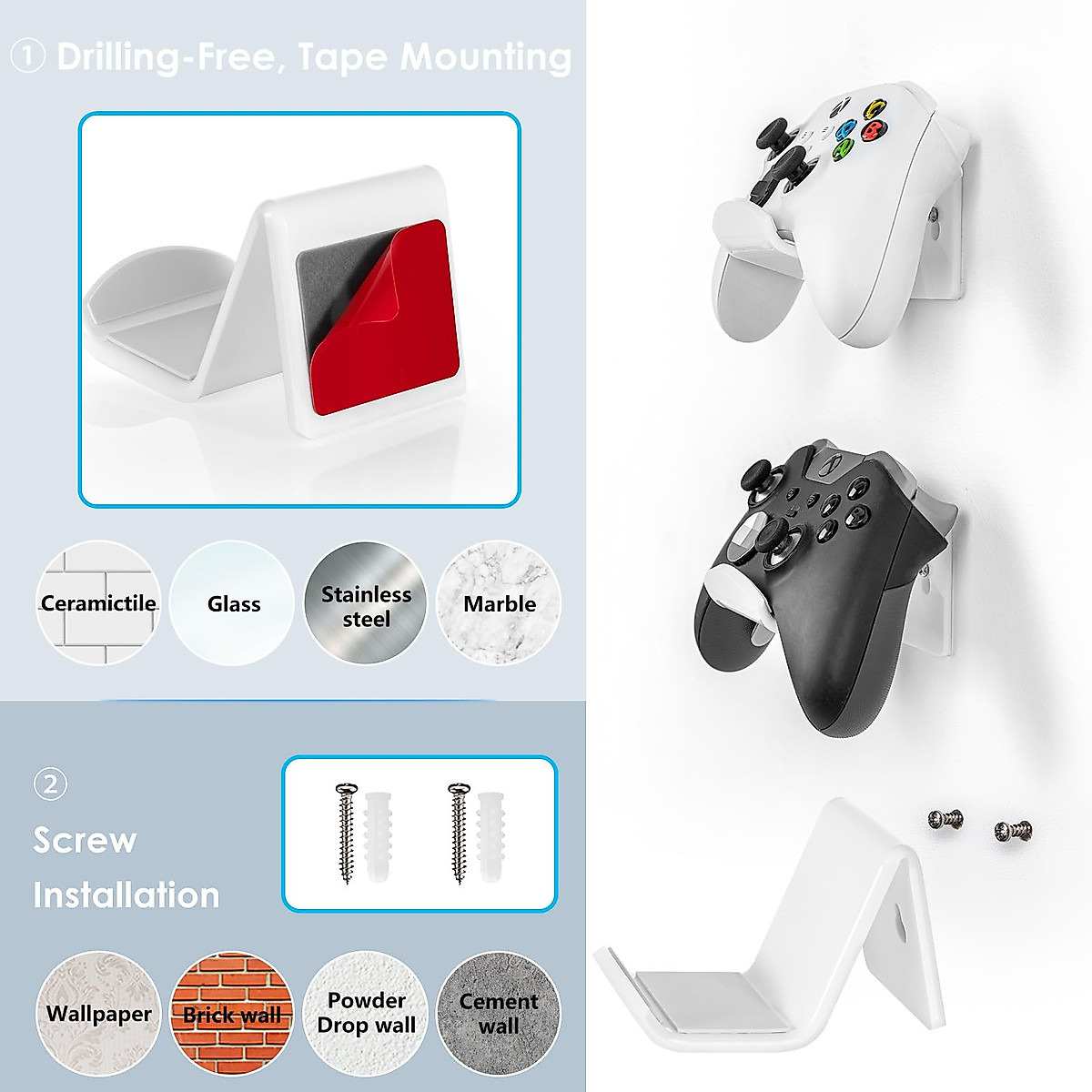 OAPRIRE Universal Controller Stand Holder 2 Pack for XBOX ONE PS4 PS5 SWITCH, Controller Wall Mount Gaming Accessories with Cable Clips&Anti-Slip Pads (White)