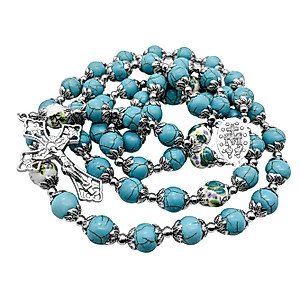 Nazareth Store Catholic Turquoise Marble Beads Rosary Flowers Beaded Necklace Miraculous Medal Cross Crucifix Silver Tone Rosaries in Velvet Bag
