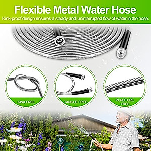 FUDESY 50FT Garden Hose - 304 Stainless Steel Metal Water Hose, Flexible Lightweight Heavy Duty Durable Hose, Adjustable Nozzle with Six Spray Modes for Outdoor Yard, No Kink and Tangle, Easy to Store