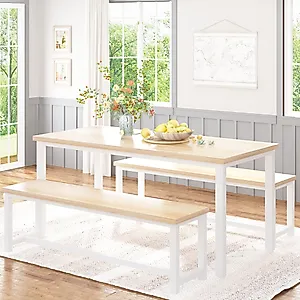 Recaceik 47” Dining Table Set with Benches, 3 Pieces Dining Room Table Set for 4, Wood Kitchen Table and Chair Set, Space Saving Dinette Set for Breakfast Nook, Dining Room, Beige